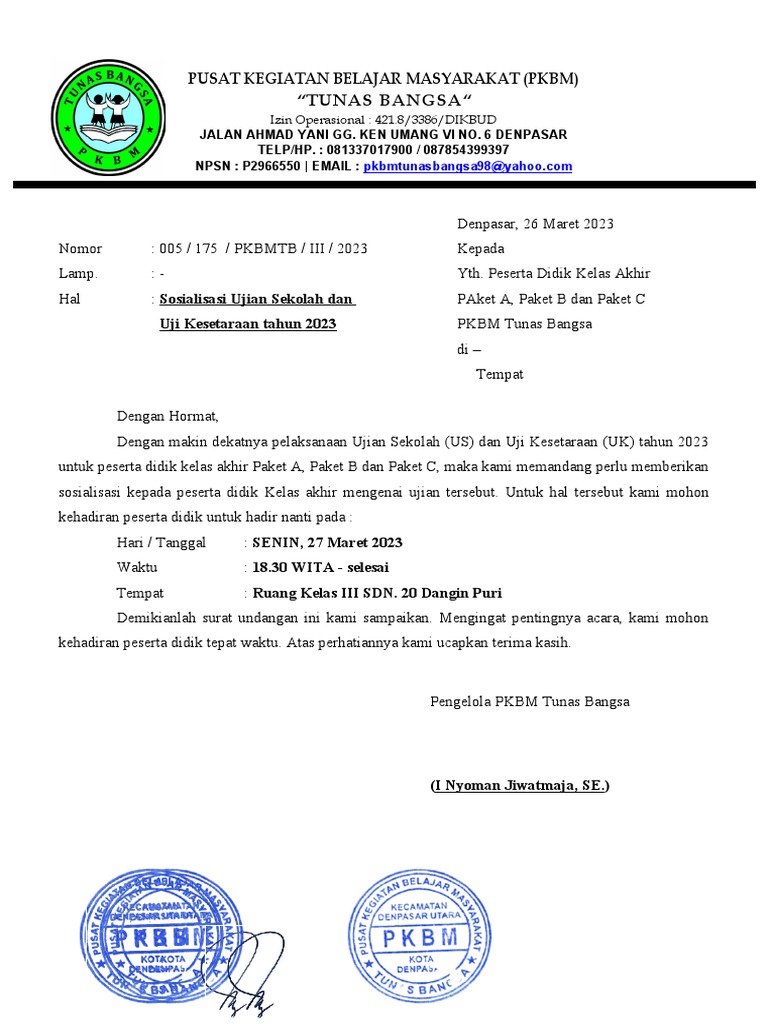 Surat Undangan Sekolah | PDF