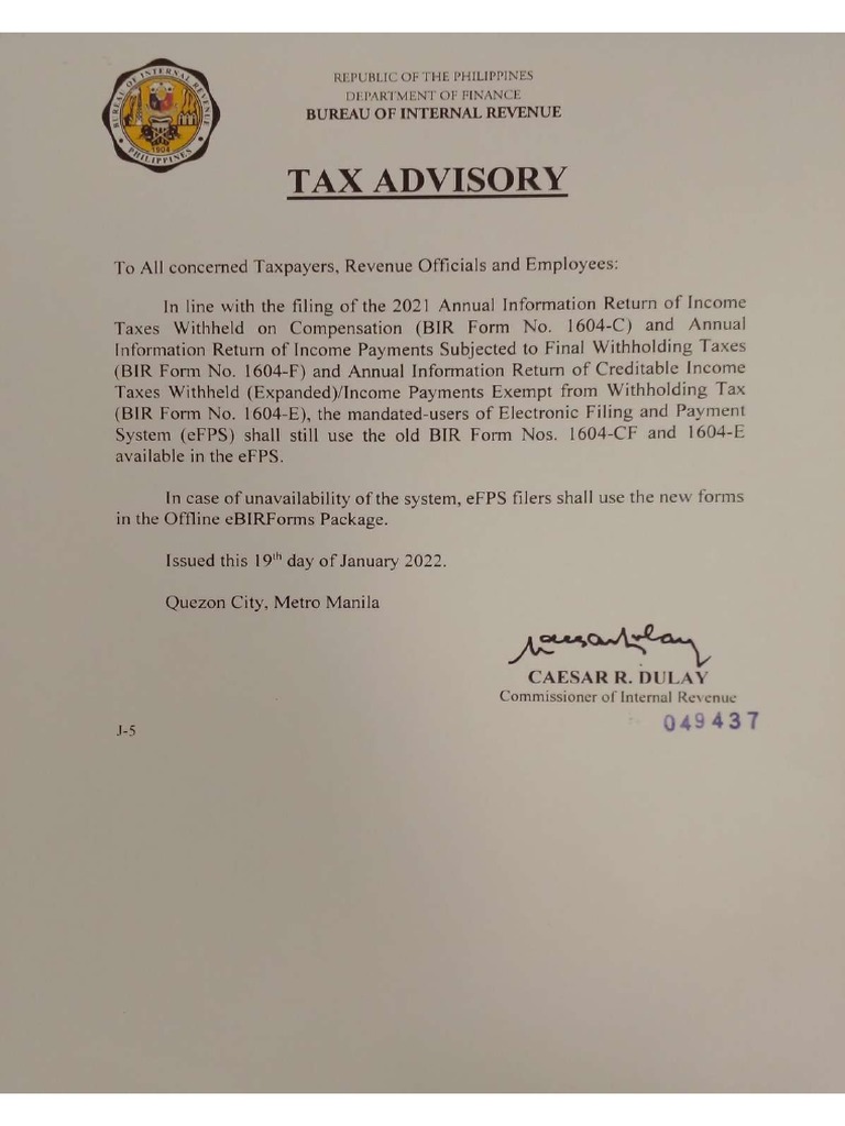 Tax Advisory - eFPS Filers - 1604CF - 1604E | PDF