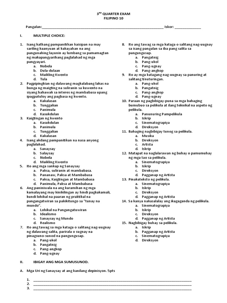 3rd Quarter Exam FILIPINO 10 | PDF