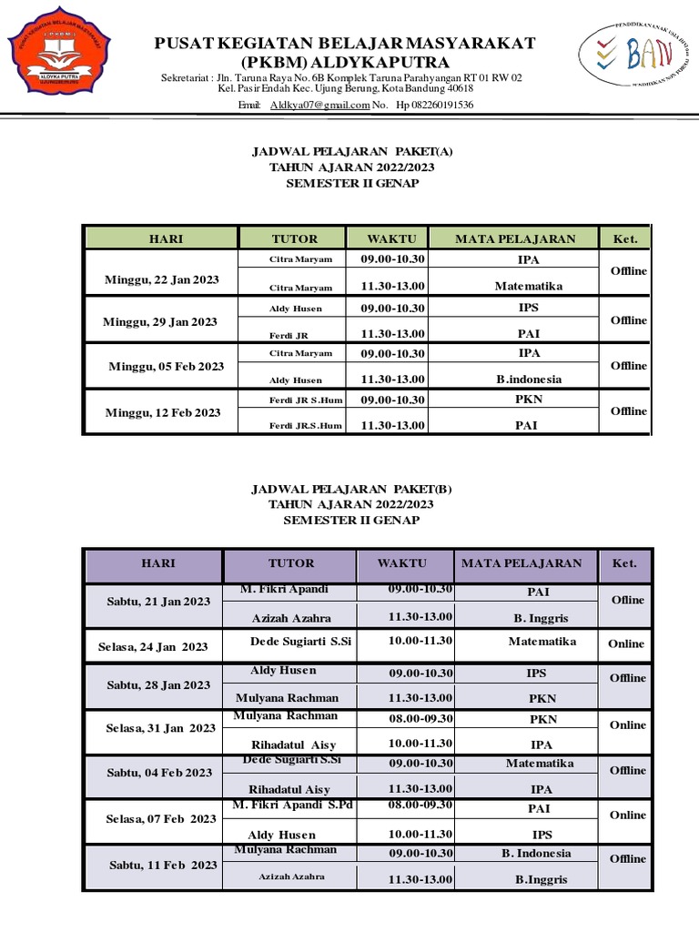 Jadwal Pelajaran PKBM 2022/2023 | PDF