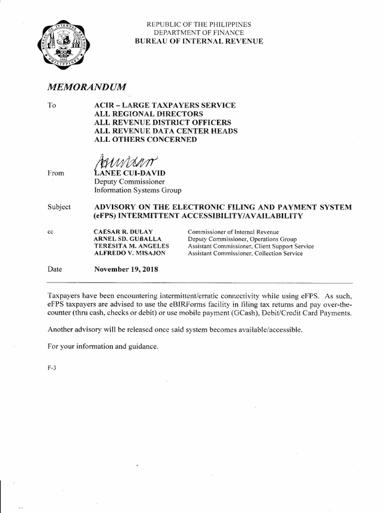 Memo - Advisory eFPS Intermittent 11192018 | PDF | Business