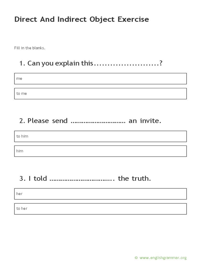 Direct and Indirect Object Exercise | PDF | Language Arts & Discipline