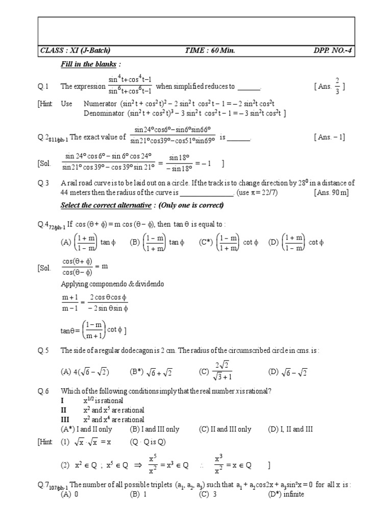 DPP (4-6) 11th J-Batch Maths | PDF | Trigonometric Functions | Elementary Geometry