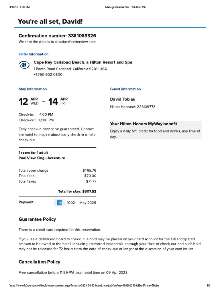 Hilton Hotel Reservation Sample | PDF | Credit Card | Financial Services