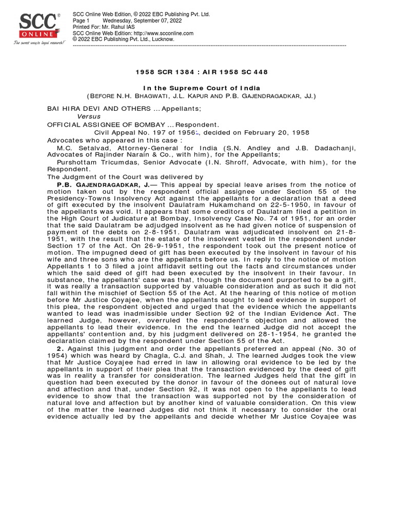 Bai Hira Devi V Official Assignee of Bo, 1958 - 230210 - 214008 | PDF ...