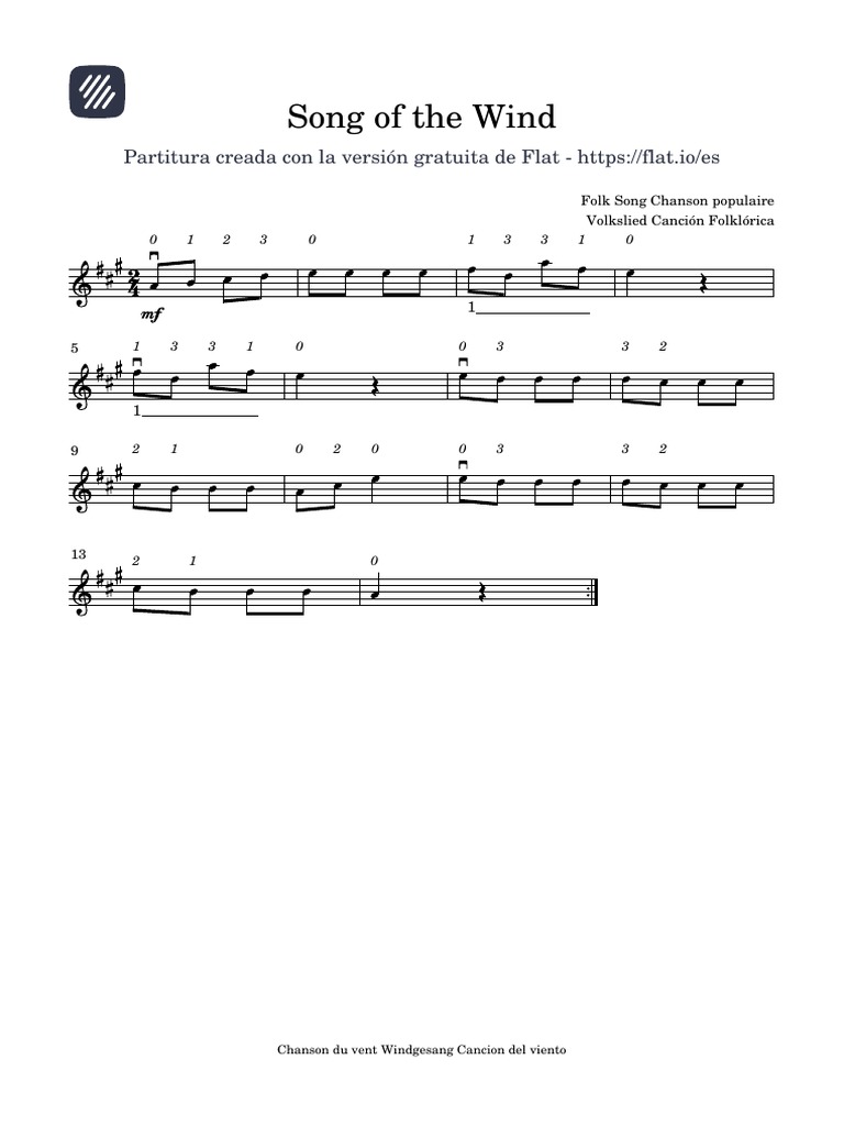Song of The Wind: Partitura Creada Con La Versión Gratuita de Flat ...