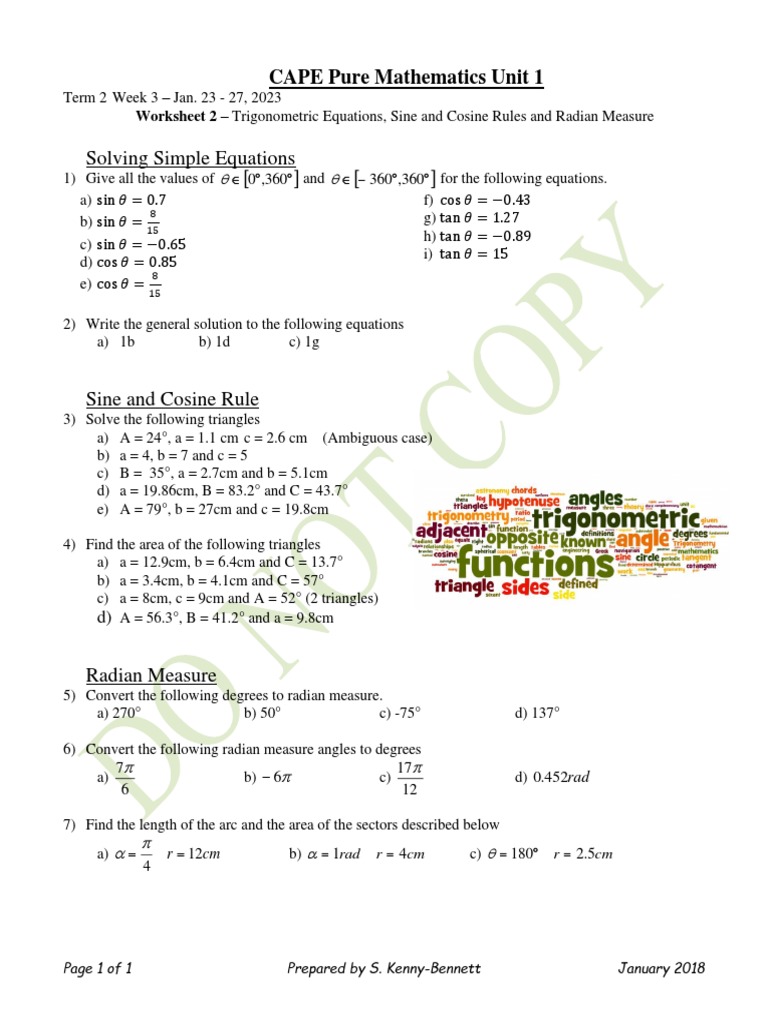 Term 2 Worksheet 2 - Trigonometry 1 - Simple Trig Equations, Sine and ...
