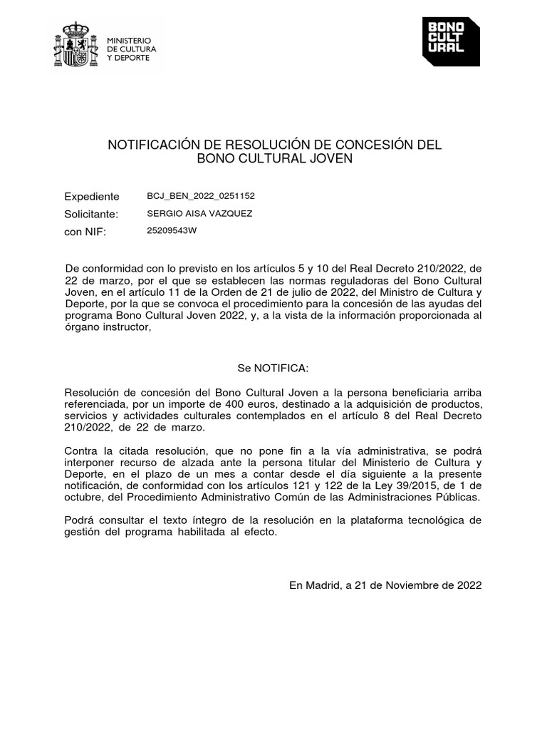 Notificación de Resolución de Concesión Del Bono Cultural Joven | PDF