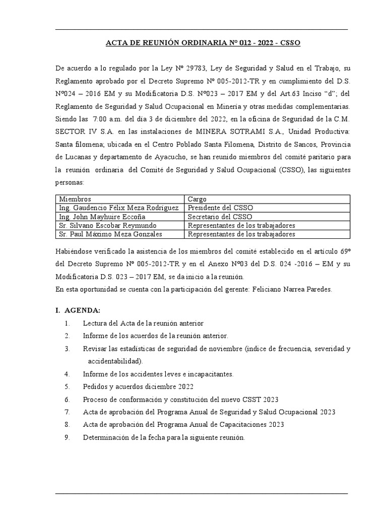 Acta de Reunión Ordinaria #012 - 2022 - Csso | PDF | Las condiciones de trabajo | Seguridad y ...