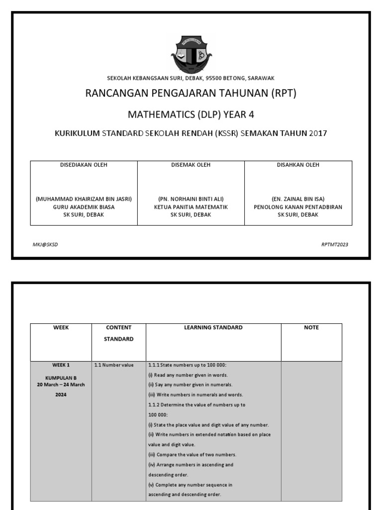 RPT 2023 Mathematics Year 4 KSSR Semakan | PDF | Mathematical Notation ...