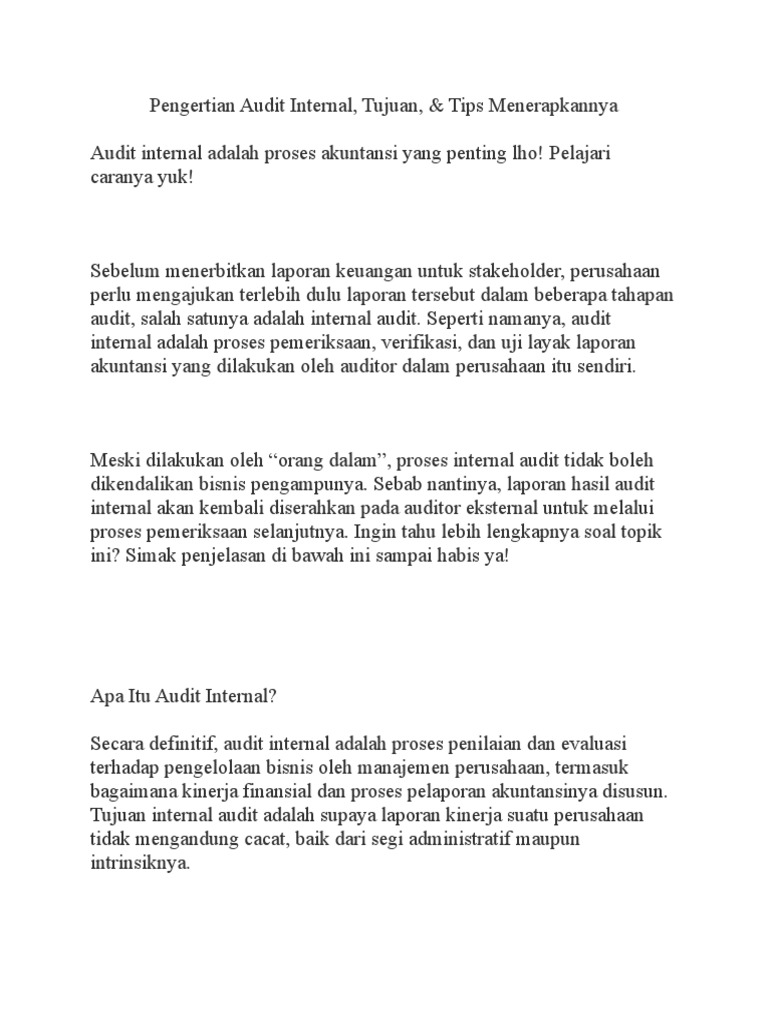 Pengertian Audit Internal | PDF | Pengelolaan Keuangan & Uang