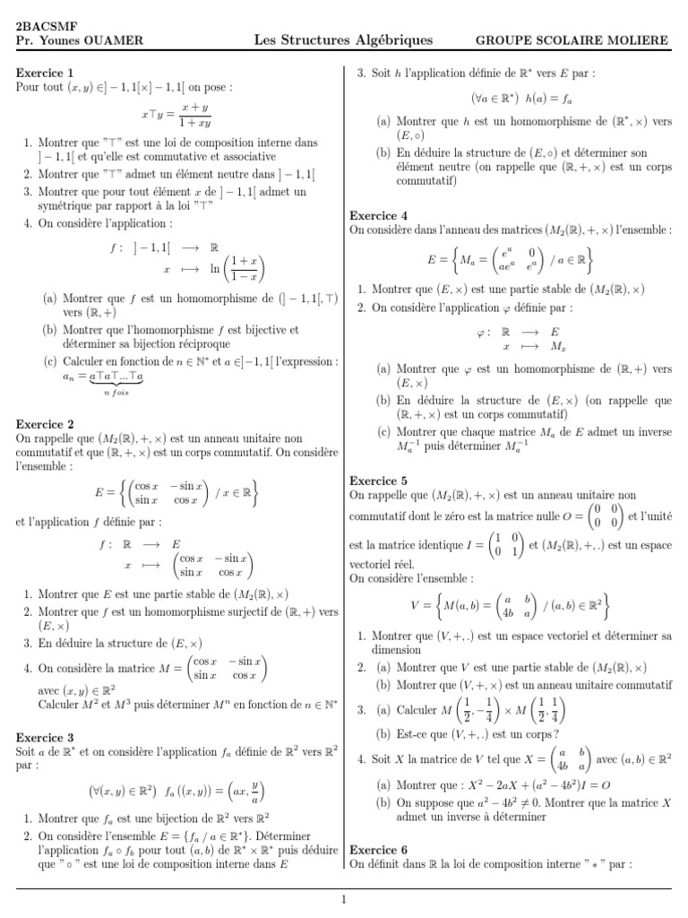 Structures algébriques et exercices 2BACSMF | PDF | Anneau ...