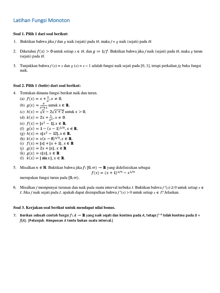 Latihan Soal Fungsi Monoton Naik | PDF