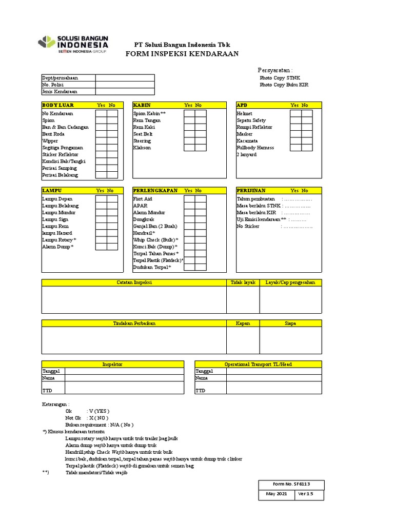 SF6113_Ver1.5_FORM LEMBAR INSPEKSI KENDARAAN | PDF
