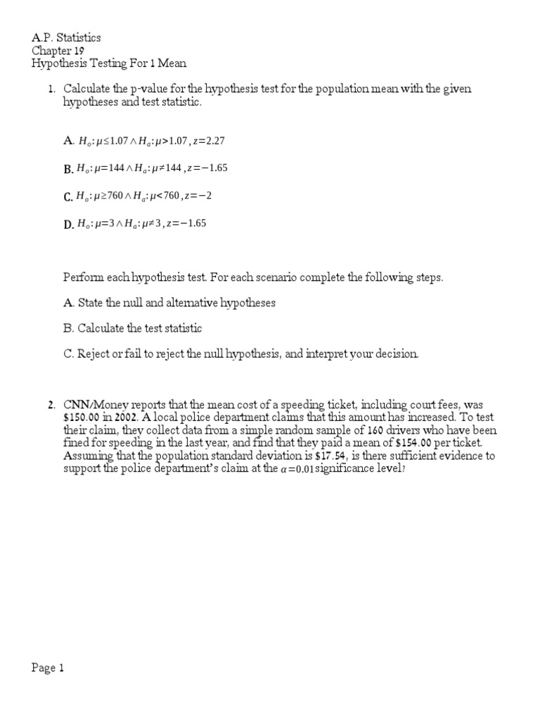 Chapter 22 - Hypothesis Testing For 1 Mean | PDF | Statistical ...