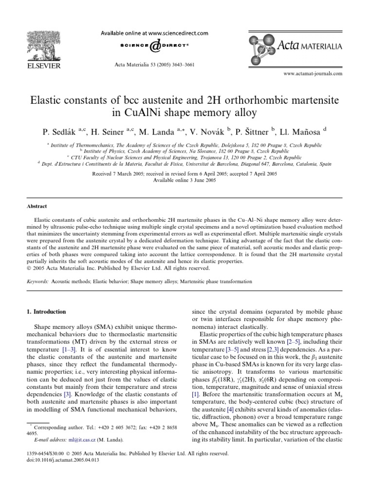 Elastic Constants of BCC Austenite and 2H Orthorhombic Martensite | PDF | Shape Memory Alloy | Waves