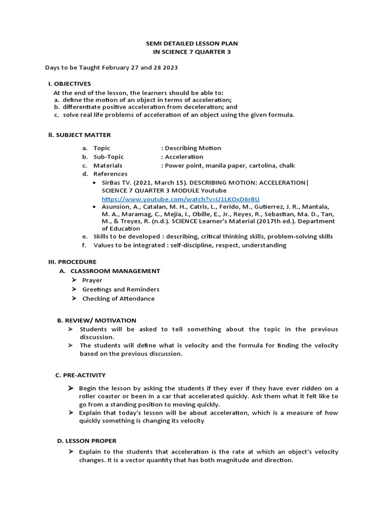 Acceleration Lesson Plan for Grade 7 | PDF | Acceleration | Velocity