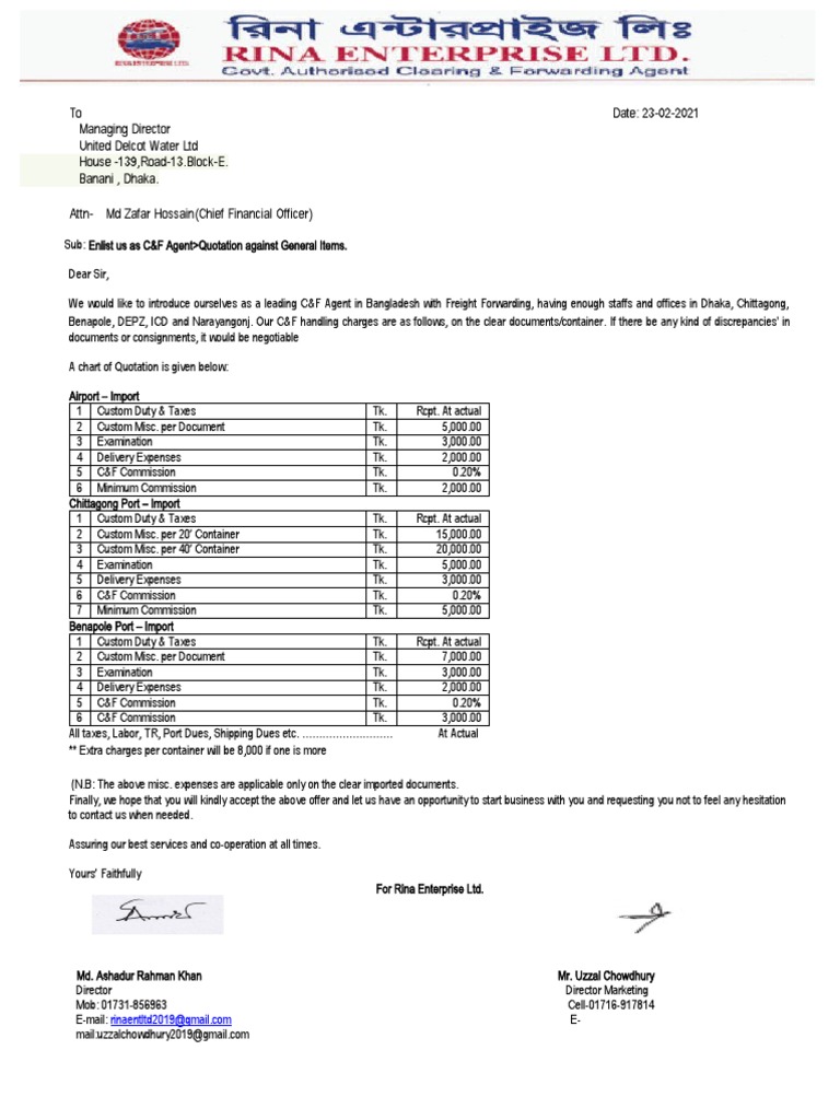 Quotation for Customs Clearance and Freight Forwarding Services ...