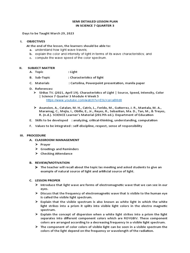 Science 7 Lesson Plan: Light Waves | PDF | Light | Color
