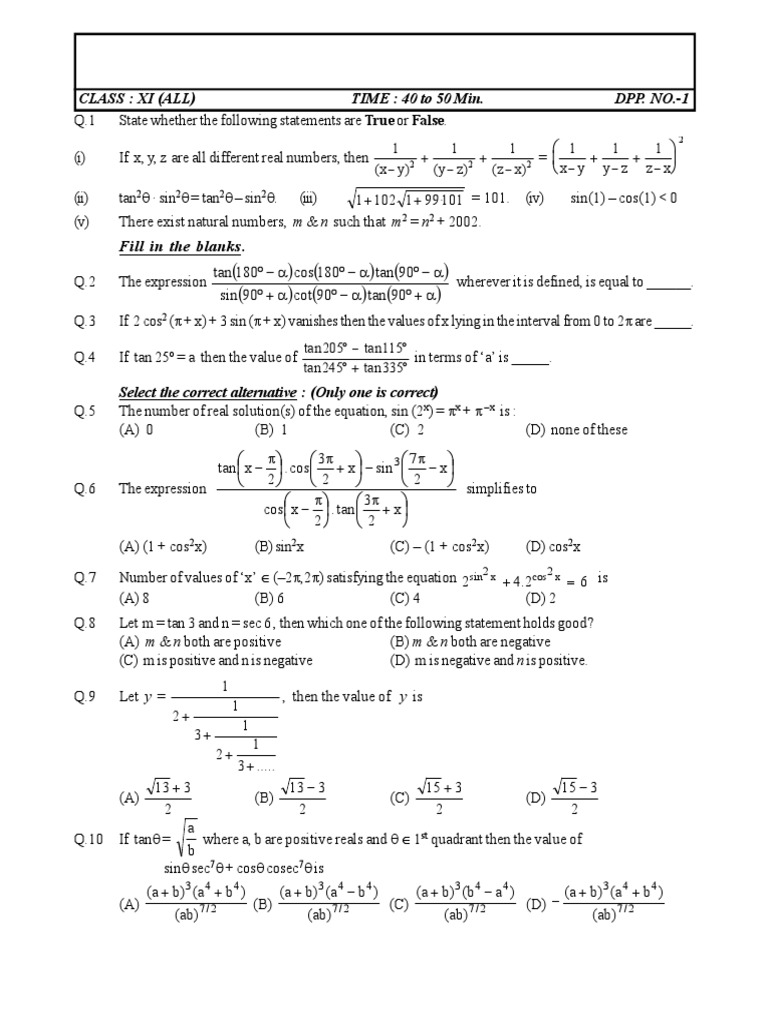 DPP (51 To) 11th Pqrs Maths Wa | PDF | Trigonometric Functions | Triangle
