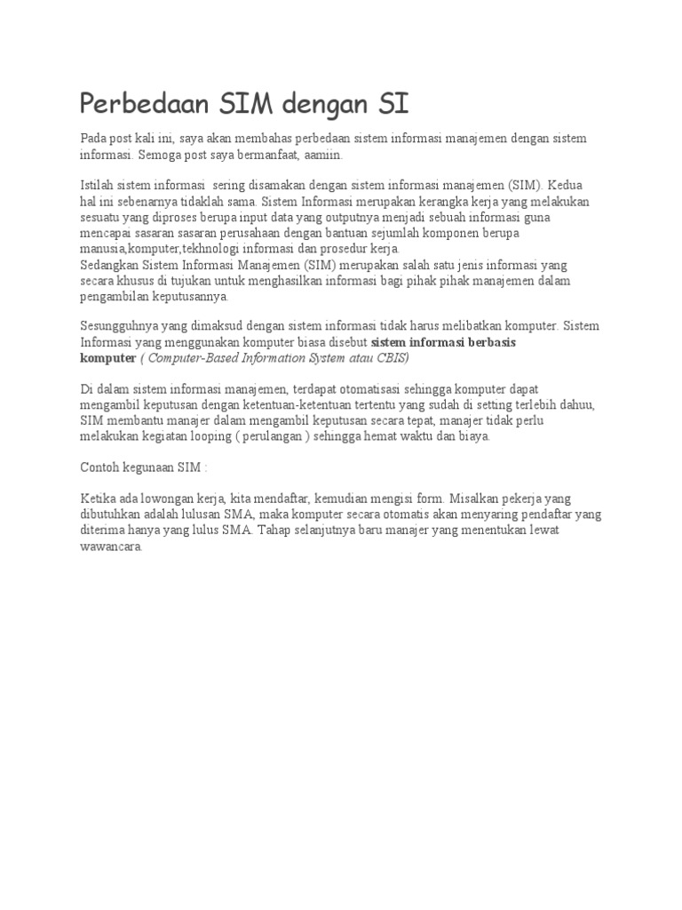 Perbedaan SIM Dengan SI | PDF | Komputer