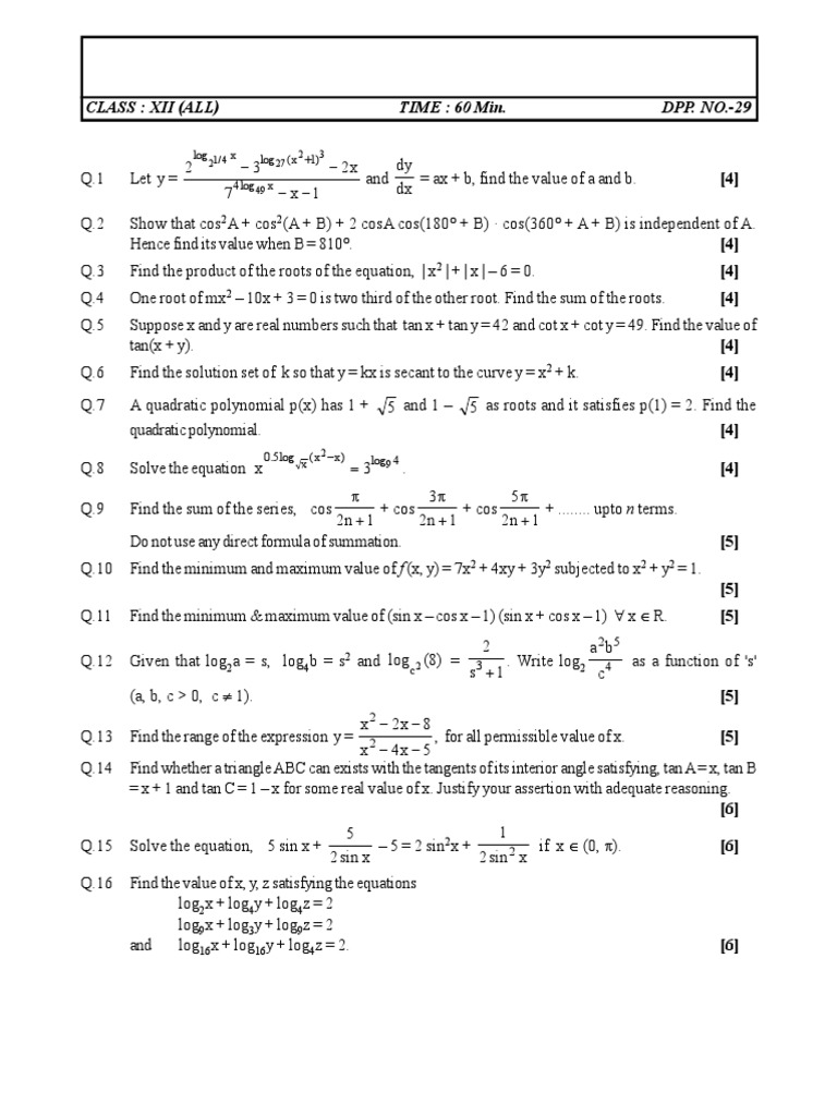 DPP (29 - ) 12th Maths WA | PDF | Trigonometric Functions | Polynomial