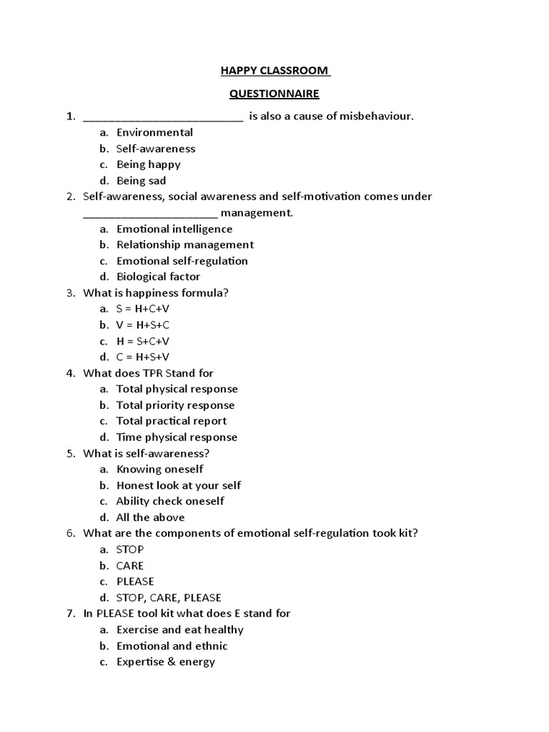 Happy Classroom - MCQ | PDF | Happiness | Emotions