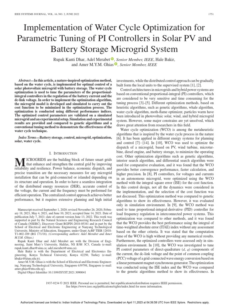 Implementation of Water Cycle Optimization For Parametric Tuning of PI ... Implementation of Water Cycle Optimization For Parametric Tuning of PI ...