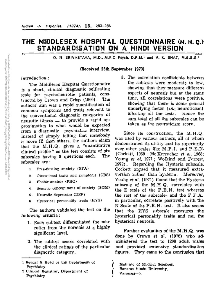 The Middlesex Hospital Questionnaire M H Q .3 | PDF | Psychiatry | Neurosis