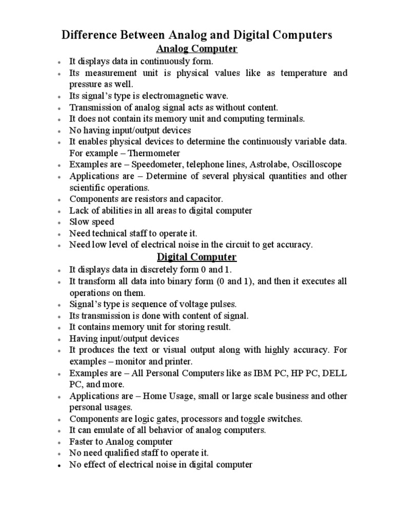 Difference Between Analog and Digital Computers | PDF