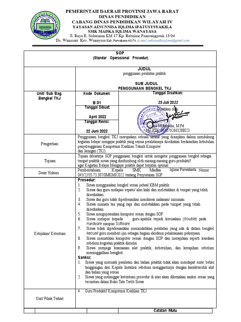 SOP Penggunaan Bengkel TKJ | PDF