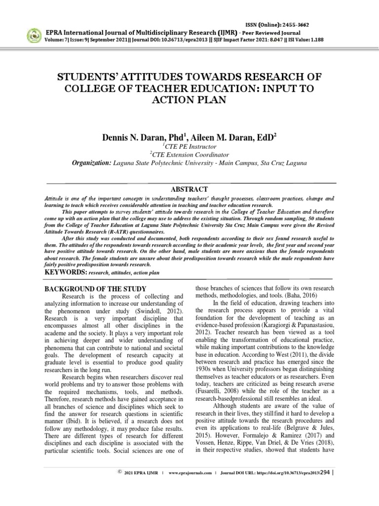 Students' Attitudes Towards Research of College of Teacher Education ...