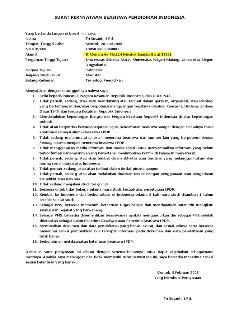 (Template) Surat Pernyataan LPDP | PDF