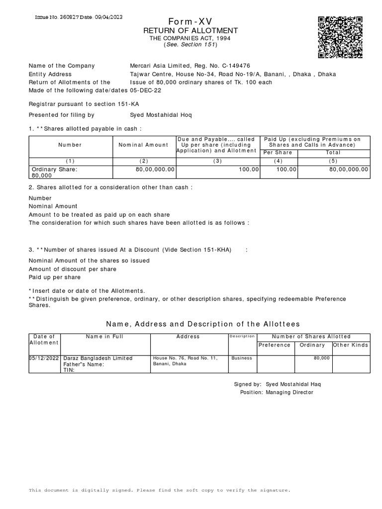 Form-XV: Return of Allotment | PDF