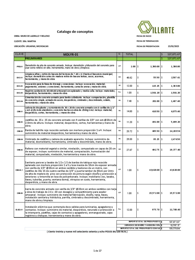 Catalogo de Conceptos Muro #1 | PDF | Materiales | Albañilería