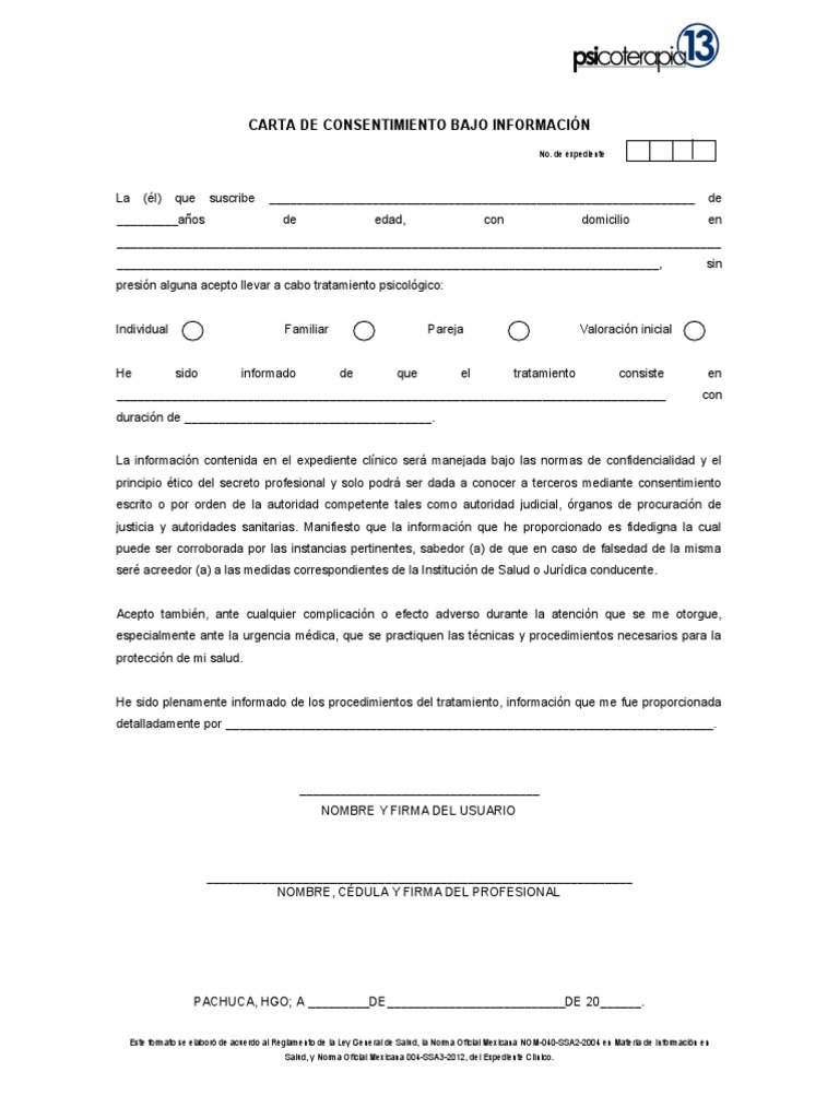 Carta de Consentimiento Informado COFEPRIS | PDF | Etica Aplicada ...