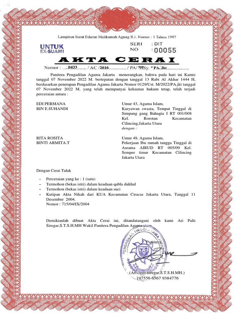 Akta Cerai Edi dan Rita 2022 | PDF
