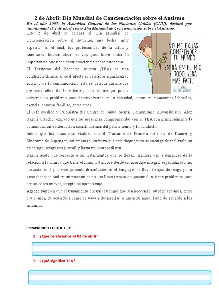 Ficha Del Dia Del Autismo | PDF | Espectro autista | Trastorno mental