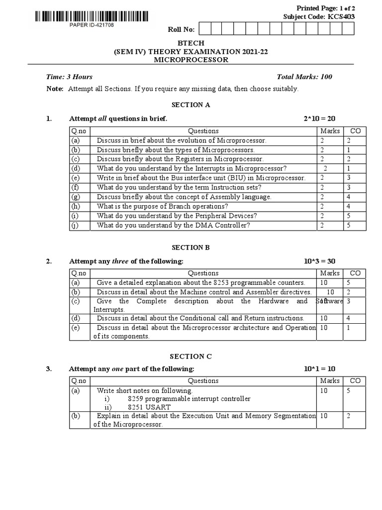 Btech Cs 4 Sem Microprocessor Kcs403 2022 Pdf Classes Of Computers Computing