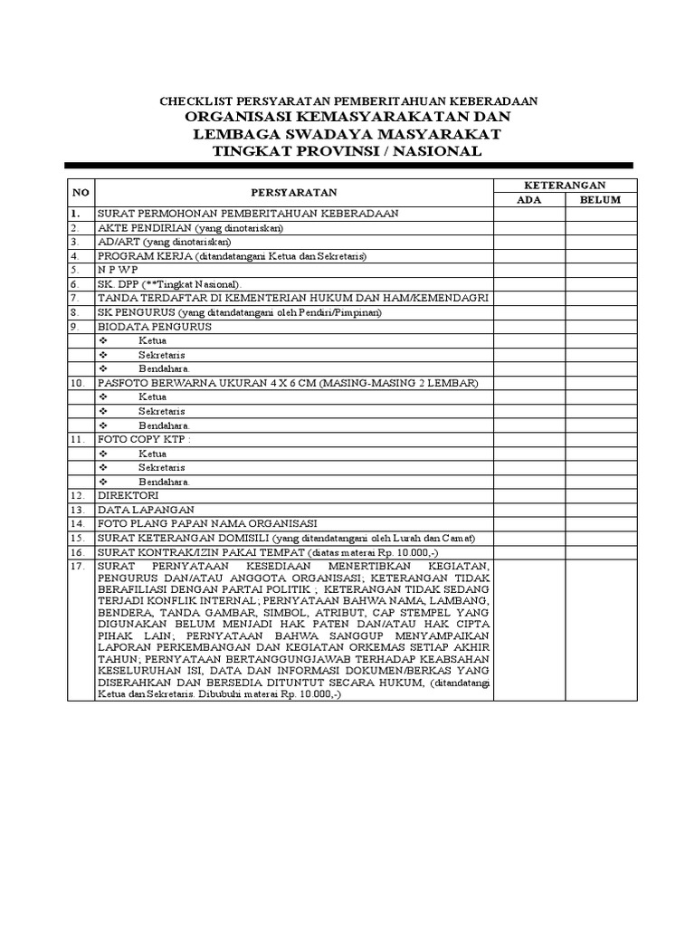 Formulir Pendaftaran Ormas Dan LSM Kumham | PDF