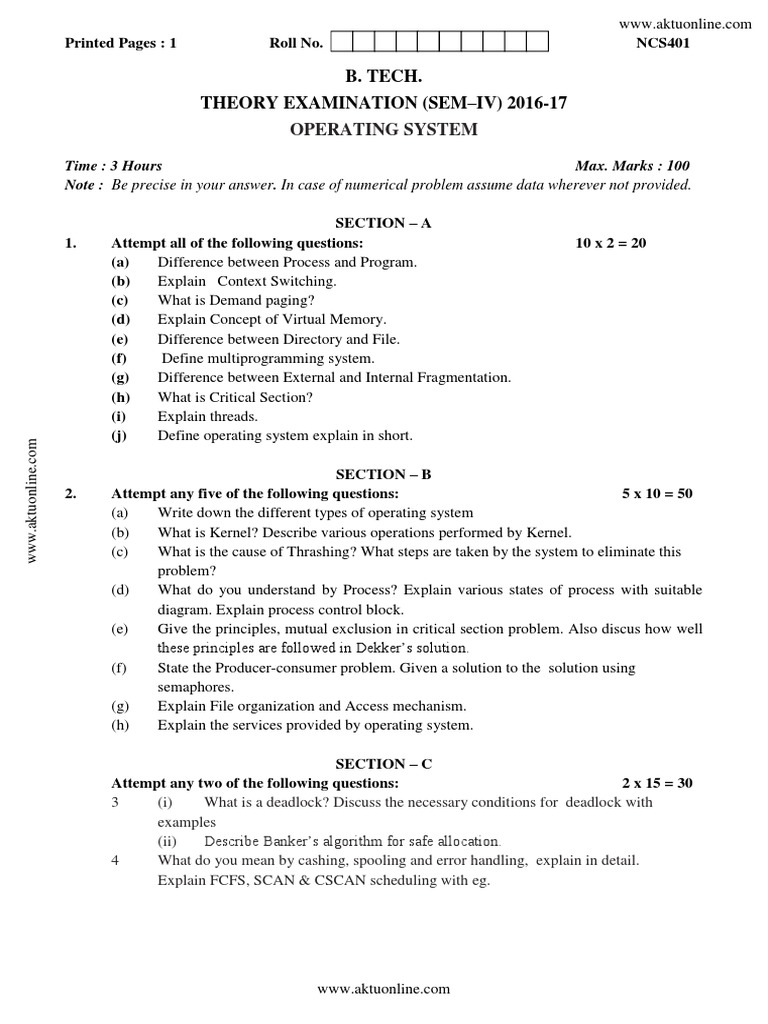 Btech Cs 4 Sem Operating System Ncs 401 2017 | PDF | Operating System | Process (Computing)