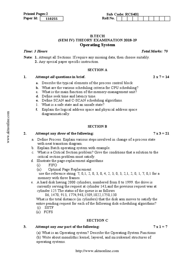 Btech Cs 4 Sem Operating System rcs401 2019 | PDF | Scheduling (Computing) | Operating System