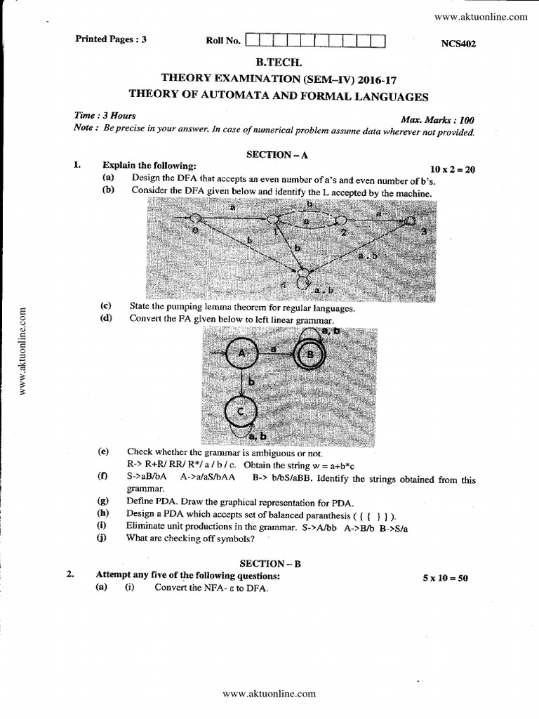 Btech Cs 4 Sem Theory of Automata and Formal Languages Ncs 402 2017 | PDF | Formalism (Deductive ...