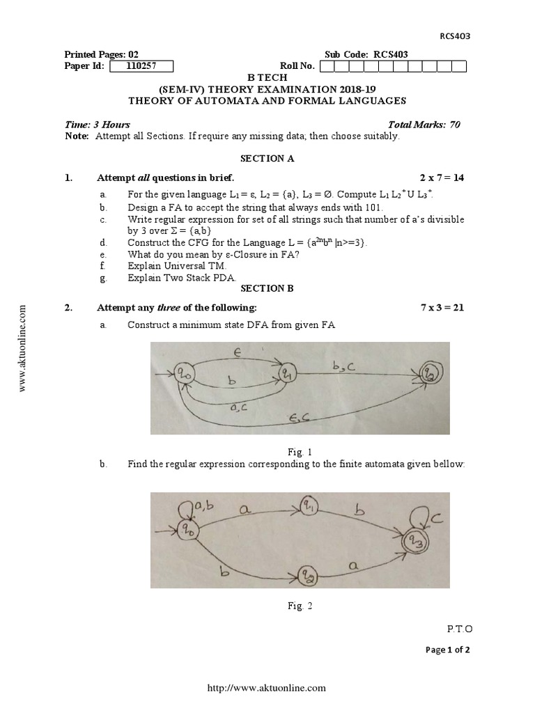 Btech Cs 4 Sem Theory Of Automata And Formal Languages Rcs403 2019 Pdf Computing Models Of