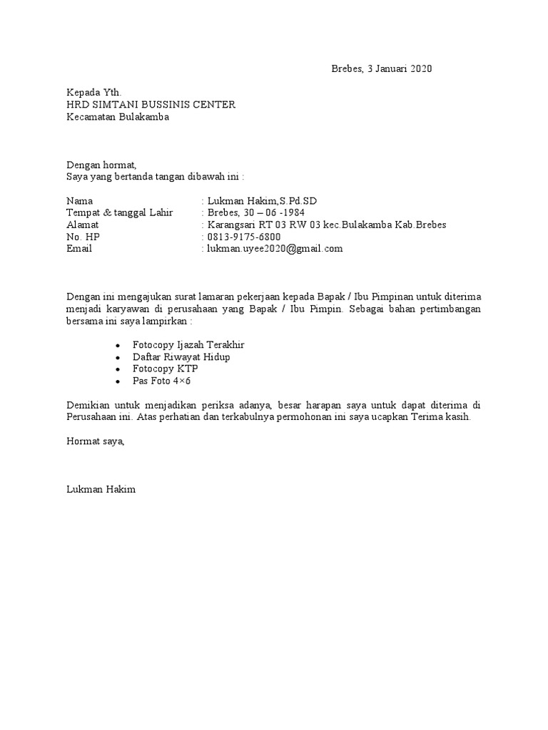 Surat Lamaran Kerja P.lukman | PDF