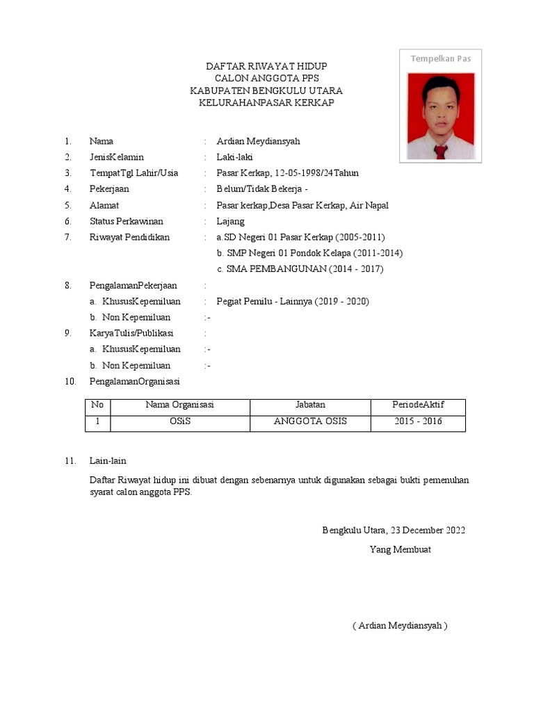 Daftar Riwayat Hidup Ardian | PDF