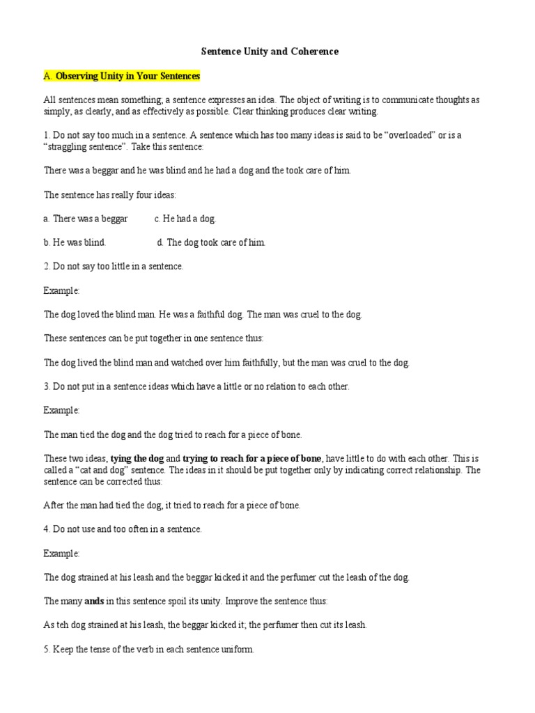 Sentence Unity and Coherence | PDF | Verb | Sentence (Linguistics)