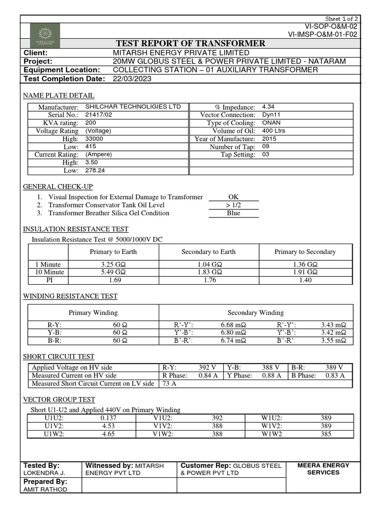 1 Mva TR TEST REPORT | PDF | Transformer | Power Inverter