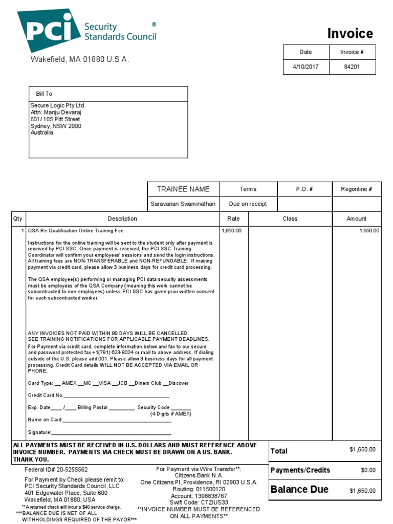 Inv 84201 From PCI Security Standards Council LLC 11516 | PDF | Credit Card | Payment Card ...