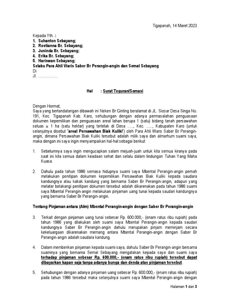 Draft Somasi Ahli Waris | PDF